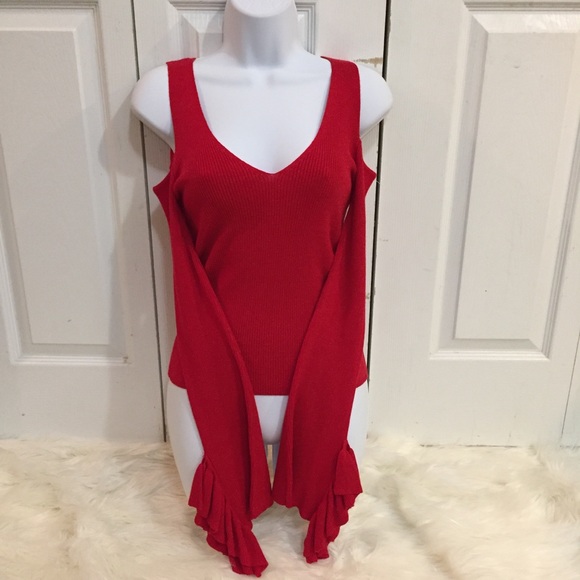 Express | Tops | Nwt Ribbed Red Cold Shoulder Bell Sleeve Top | Poshmark